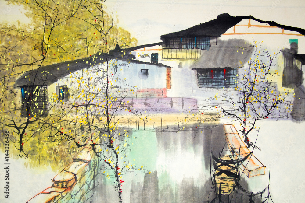 Chinese traditional painting of water house Stock Illustration | Adobe ...