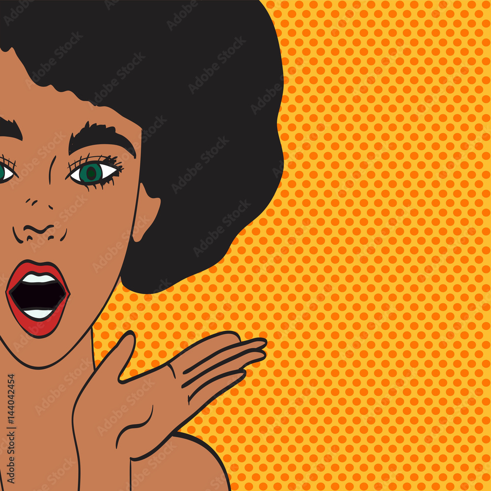 Pop Art Female Face Sexy Surprised Young African Woman With Open Mouth