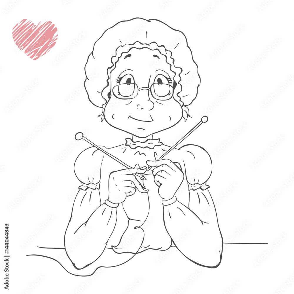 cute cartoon grandmother character knitting. outline vector ...