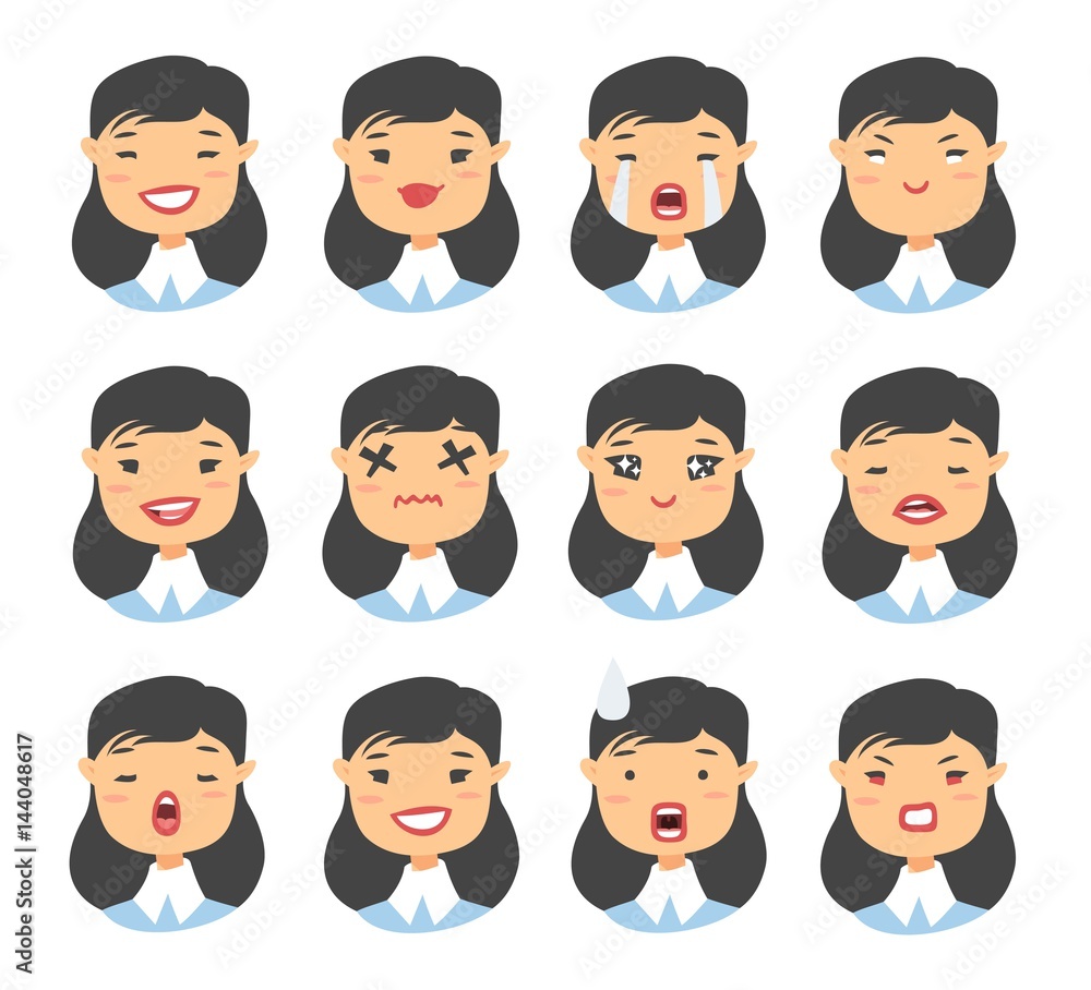 Set of asian emoji character. Cartoon style emotion icons. Isolated ...