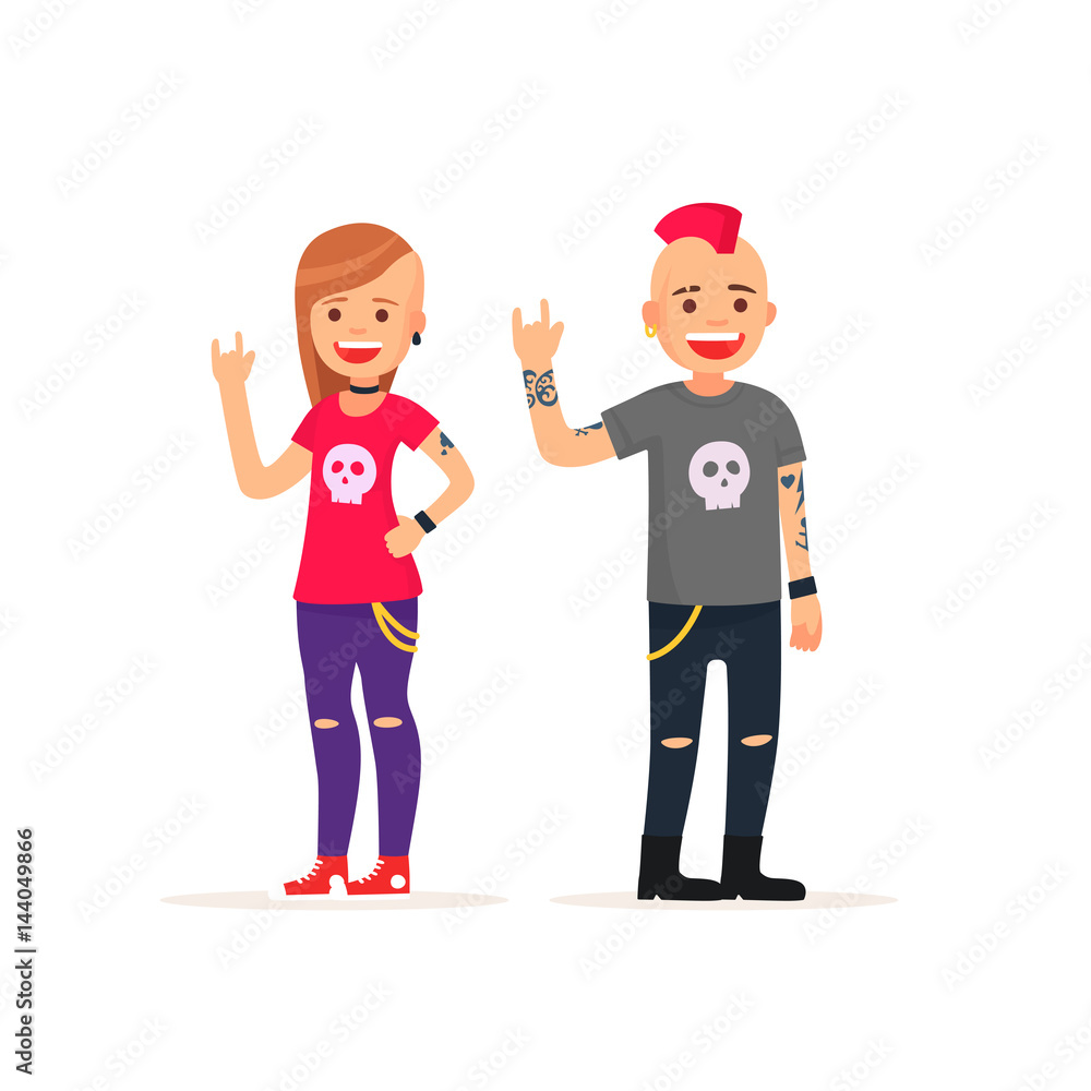 Cute man and girl rockers, panks. Vector illustration in cartoon style ...