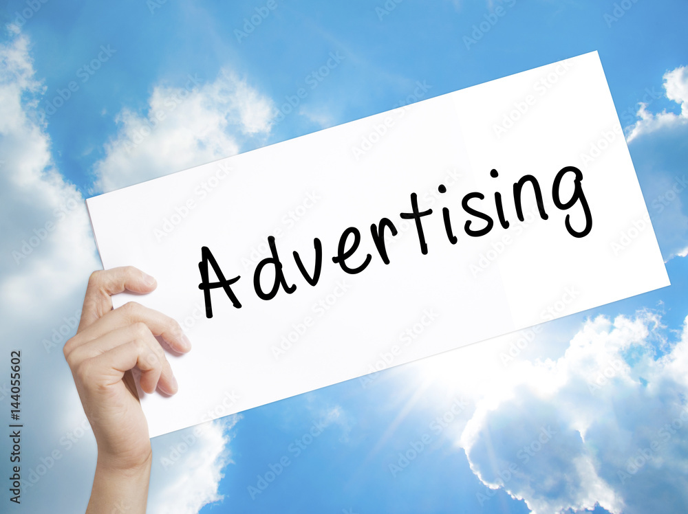 Advertising Sign on white paper. Man Hand Holding Paper with text ...