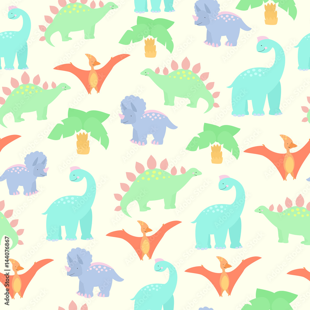 Seamless background with dinosaurs in cartoon style. Four species of ...