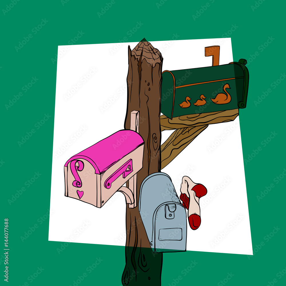 Vetor de Three mailboxes on a wooden post as a symbol of neighbourhood ...