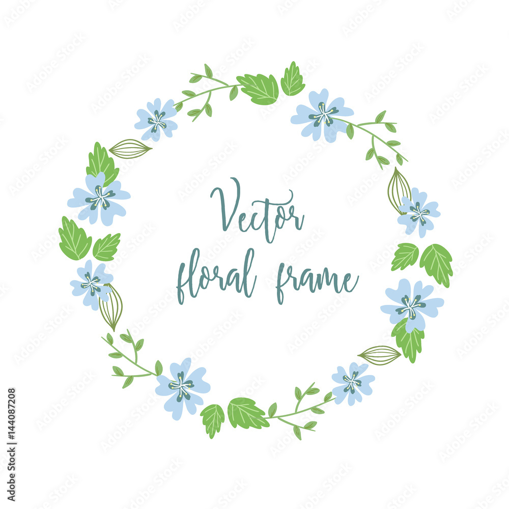 Cute floral round vector frame with little blue flowers and green leaves and branches ...