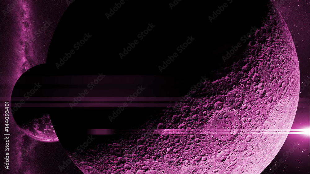 Moon in front of Earth, Sun and the Milky Way galaxy (purple 3d ...