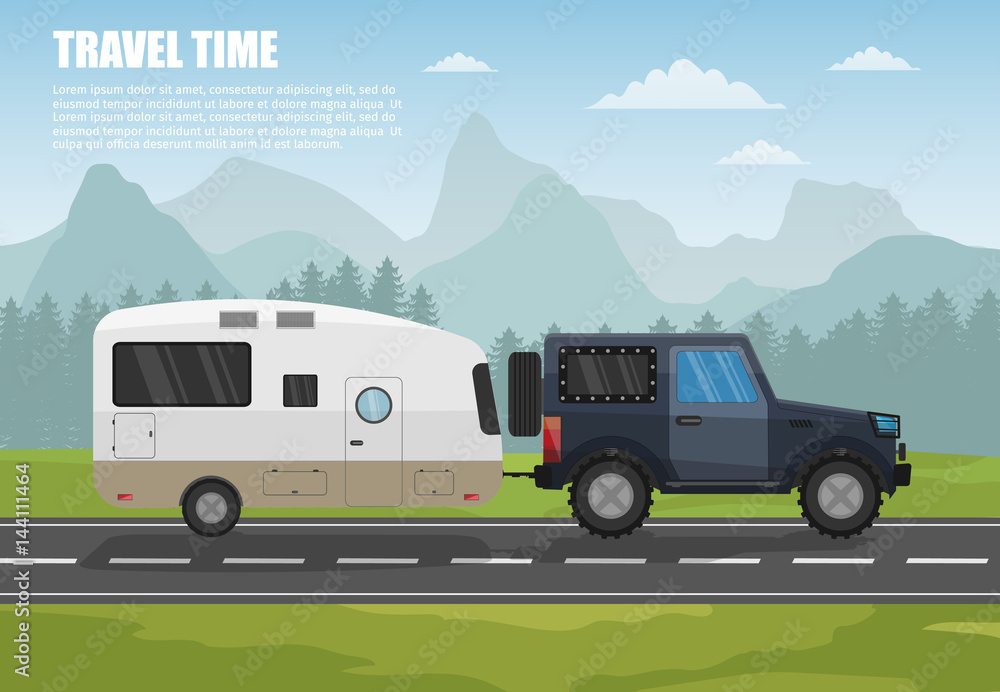 Travel camper trailer outdoor with mountains colorful vector flat ...
