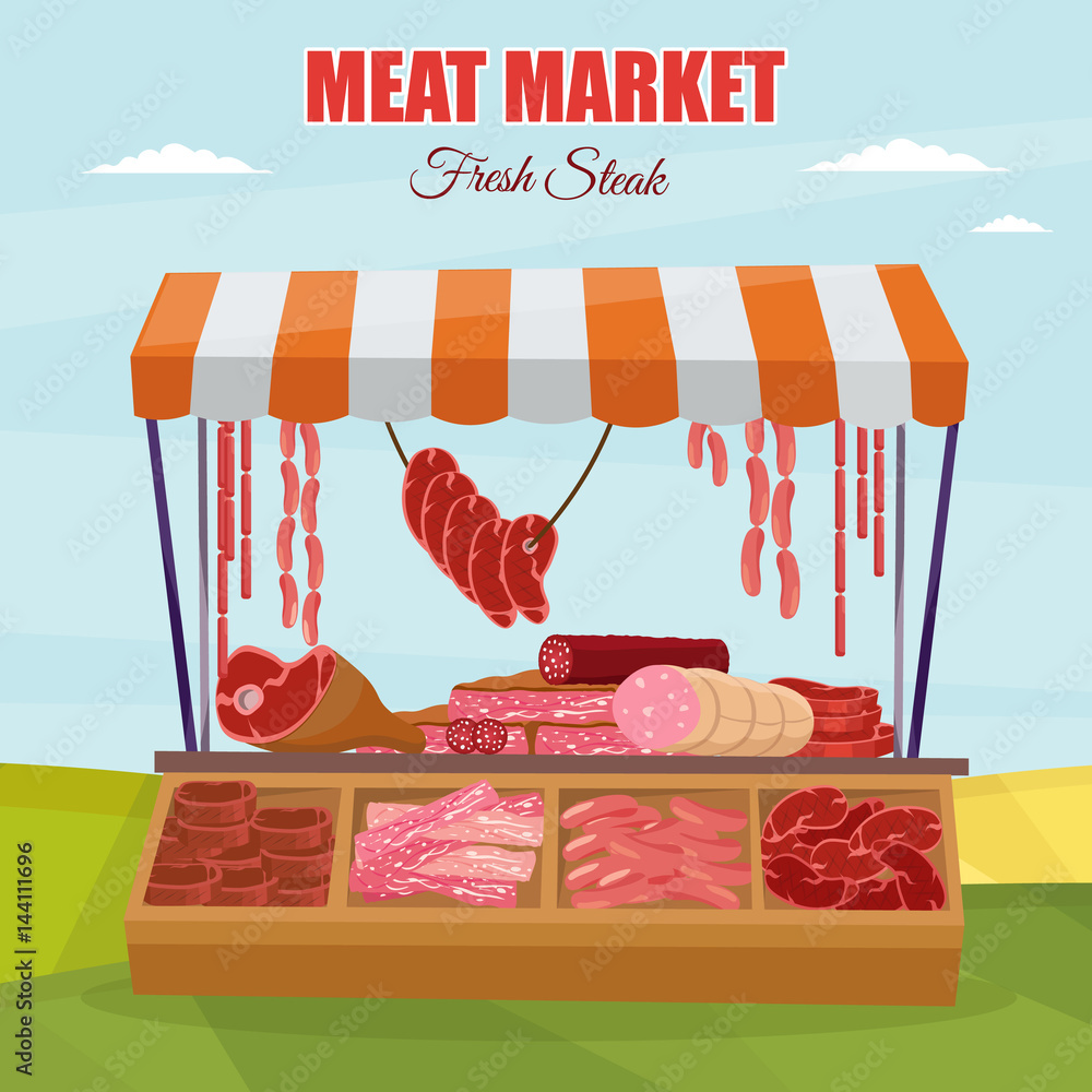 Meat market farm Butcher Shop modern flat cartoon vector illustration ...