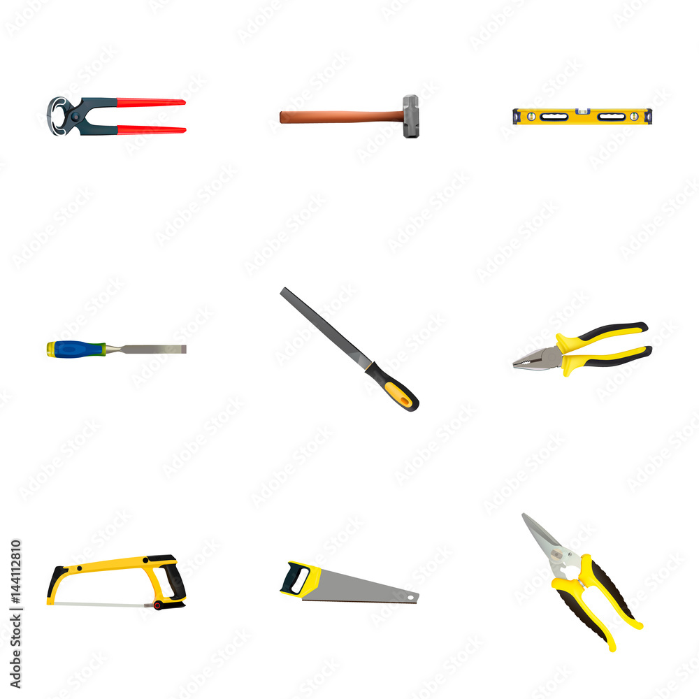 Realistic Carpenter, Tongs, Plumb Ruler And Other Vector Elements. Set ...