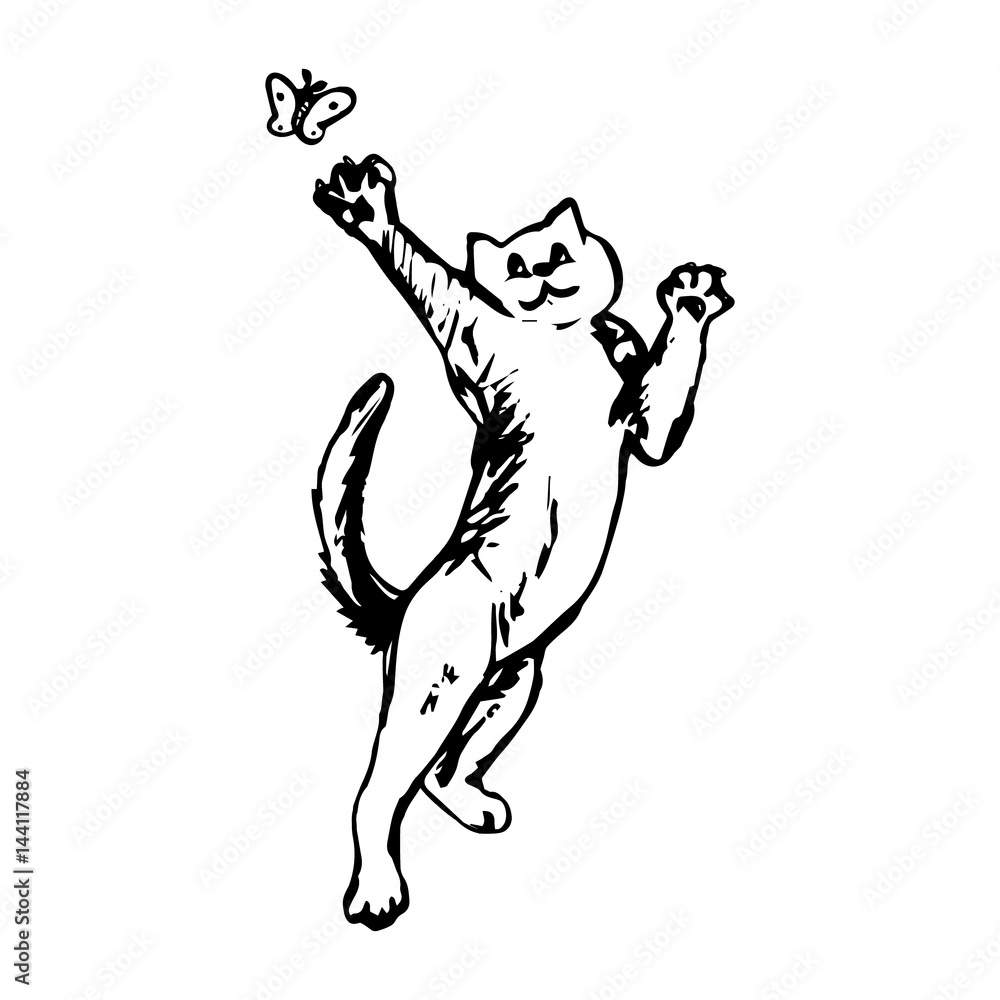 Cat catches butterfly - graphic image vector illustration Stock Vector ...