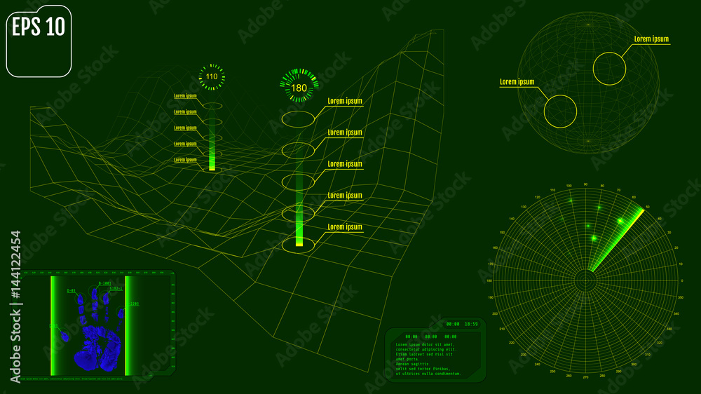 Vetor de Radar screen with planet, map, targets and futuristic user ...