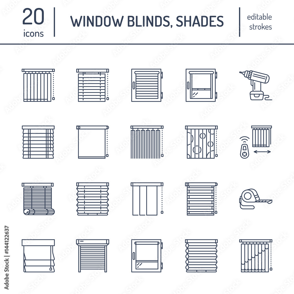 Window blinds, shades line icons. Various room darkening decoration ...