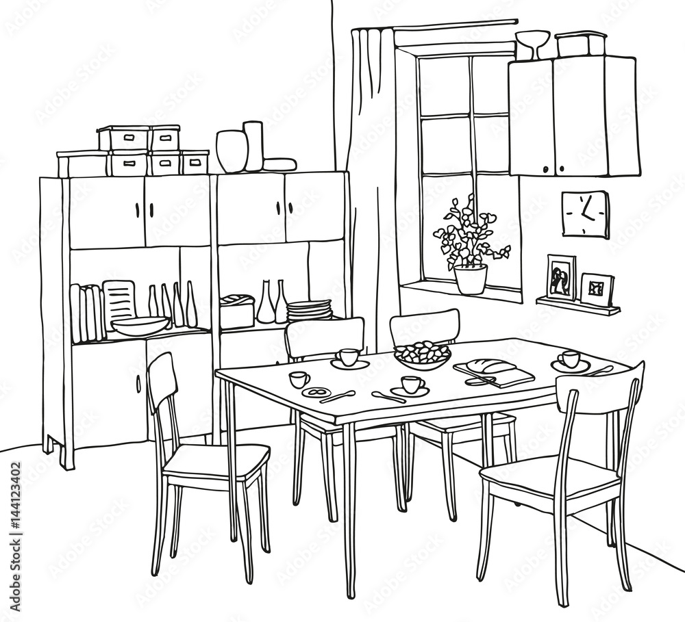 Interior hand-drawn sketch. Kitchen with a table, tableware, four ...