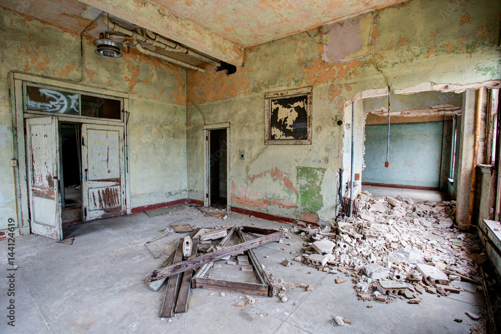 Old abandoned building in decay with broken glass and building ...