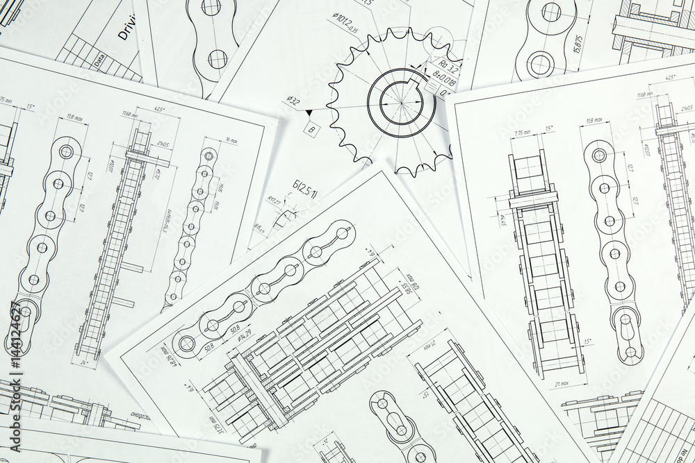 Technical engineering drawing, details of drive industrial chain ...