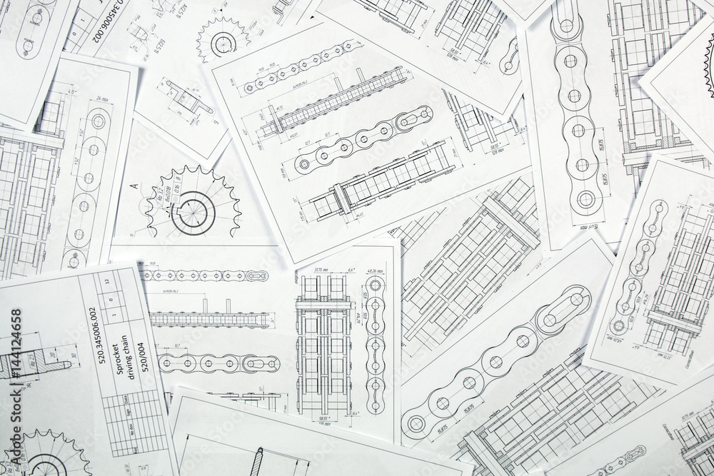 Technical engineering drawing, details of drive industrial chain ...