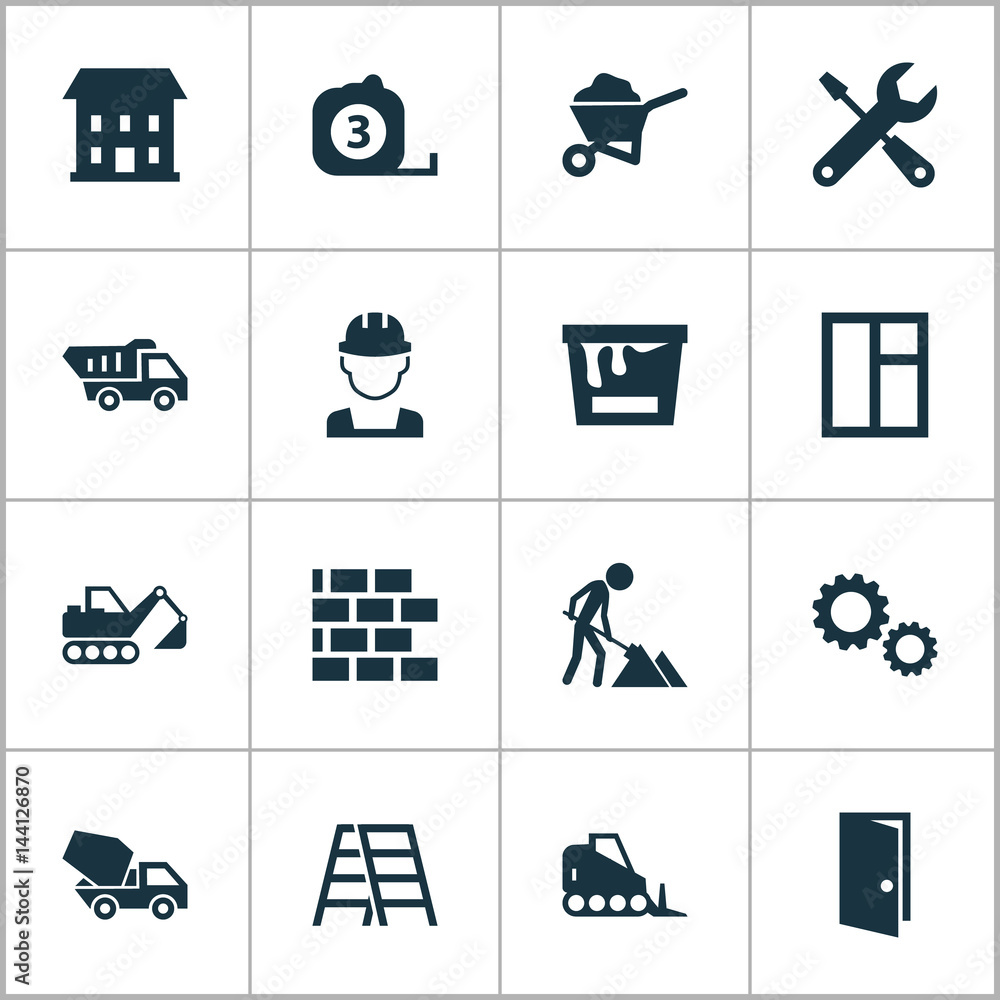 Building Icons Set. Collection Of Measure Tool, Entrance, Cement ...
