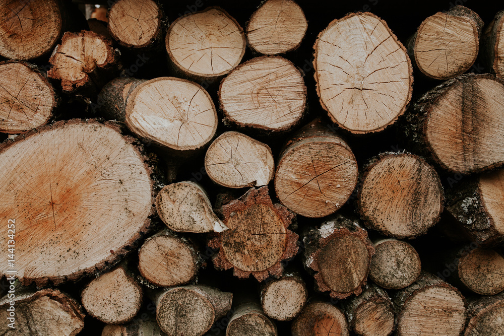 Pile of natural wooden wood. Cross-sectional image of firewood, front ...