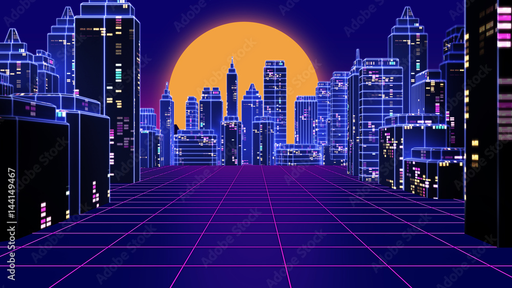 Retro futuristic skyscraper city 1980s style 3d illustration. Stock ...