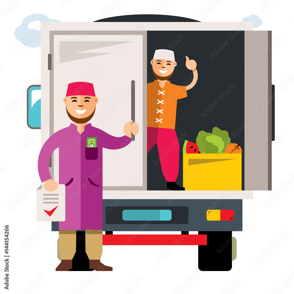 Vector Unloading truck. Flat style colorful Cartoon illustration. Stock ...