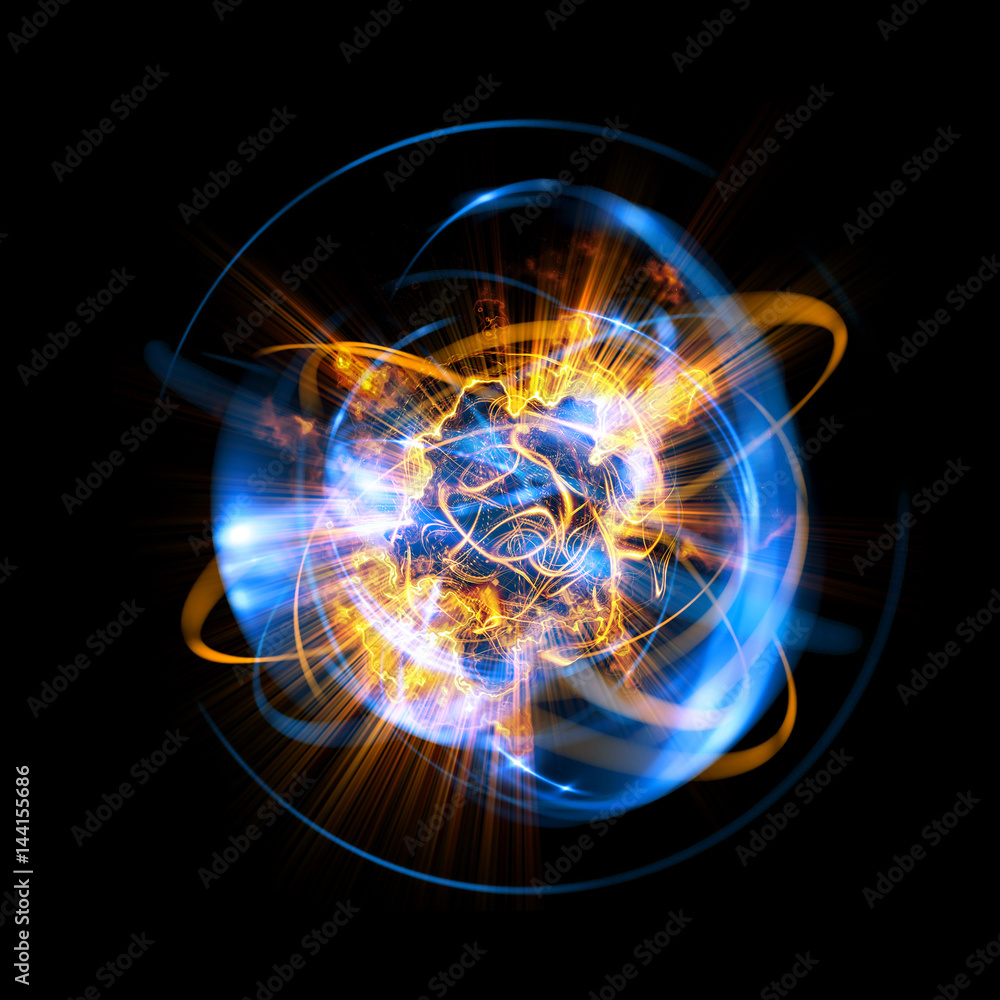 3D Atom icon. Luminous nuclear model on dark background. Glowing energy ...
