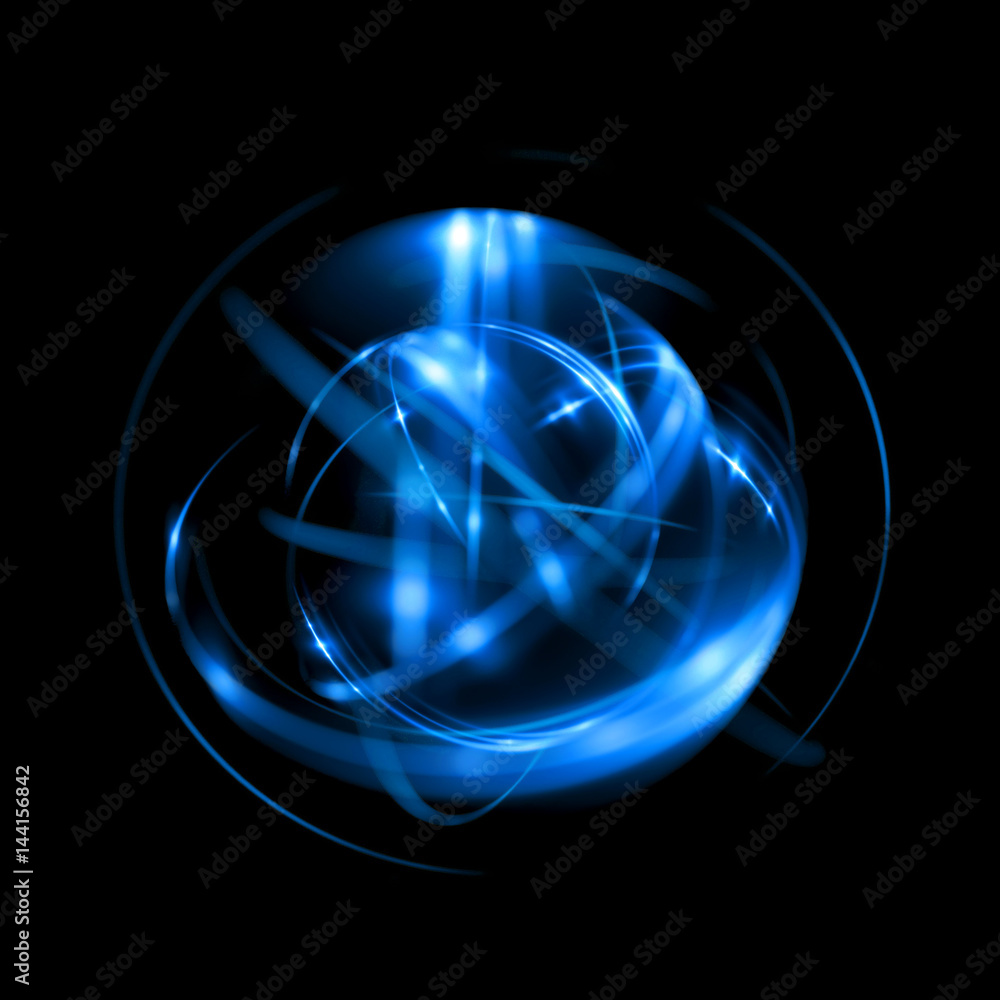 3D Atom icon. Luminous nuclear model on dark background. Glowing energy balls. Molecule ...