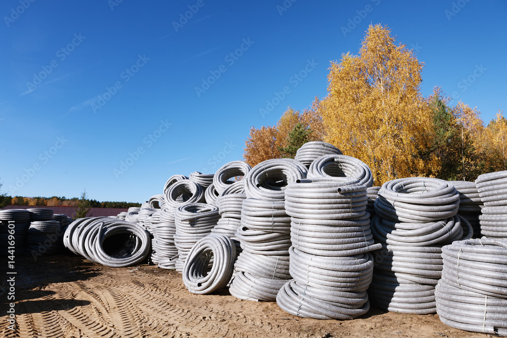 Stack of coiled plastic pvc Polyethylene Corrugated drainage pipes for ...