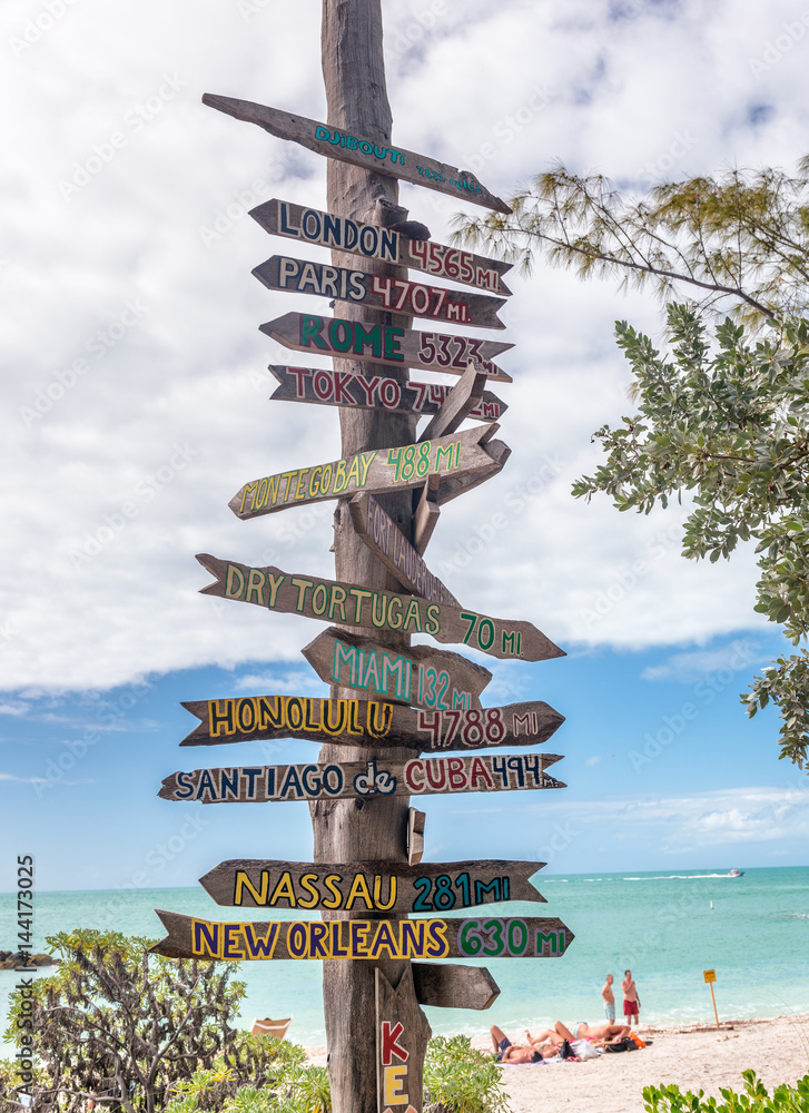 Key West beach distance signs to worldwide landmarks in Fort Zachary ...