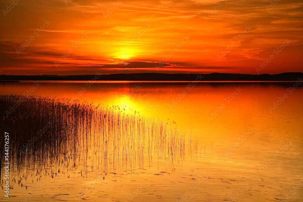 Stiller See mit Schilf bei Sonnenuntergang, Mecklenburger Seenplatte ...