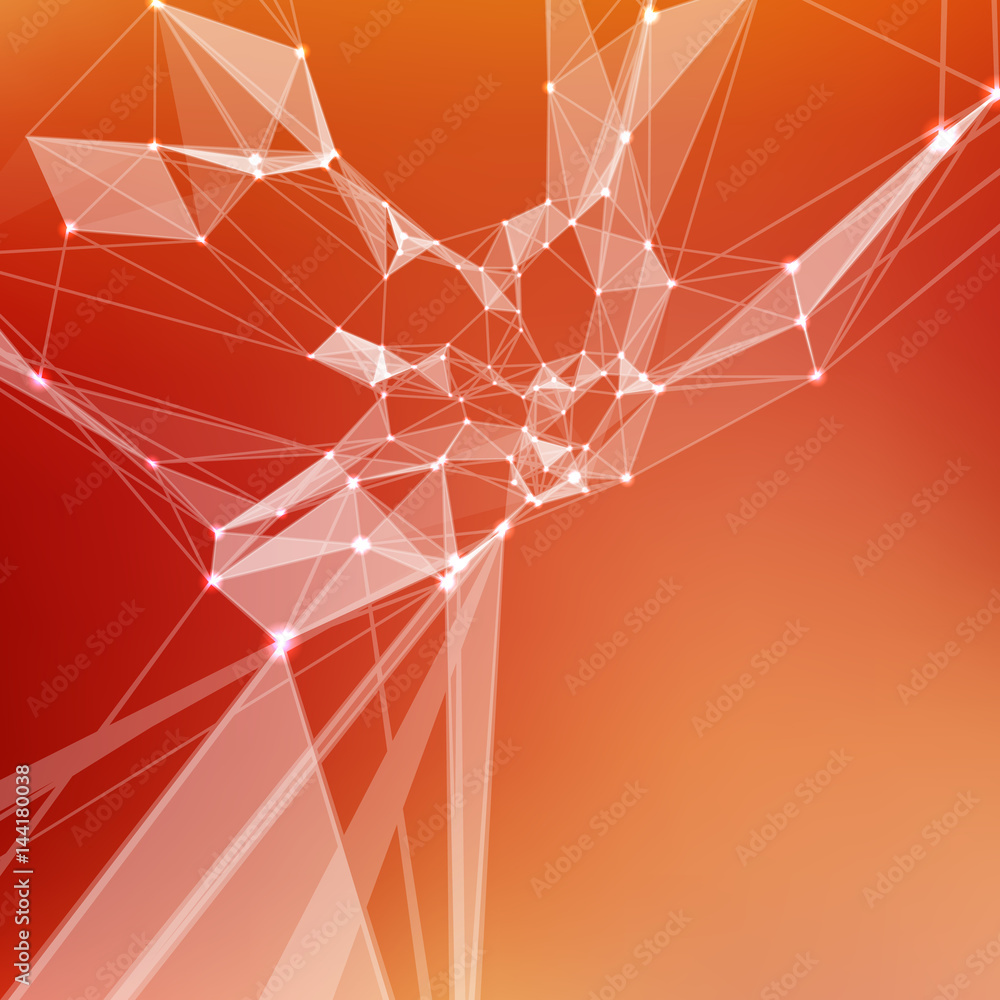 Abstract vector red mesh background. Chaotically connected points and polygons flying in space ...