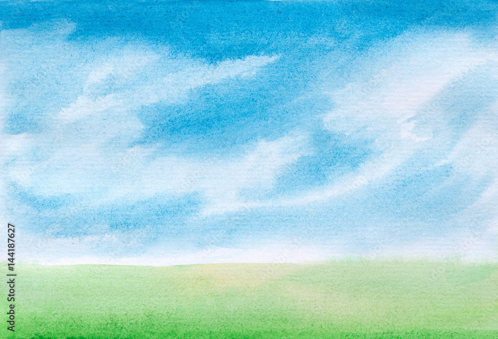 watercolor sky with clouds and green grass abstract landscape Stock ...
