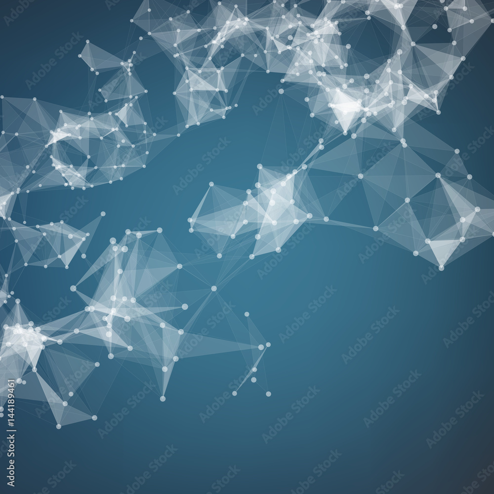 Abstract vector blue mesh background. Chaotically connected points and polygons flying in space ...