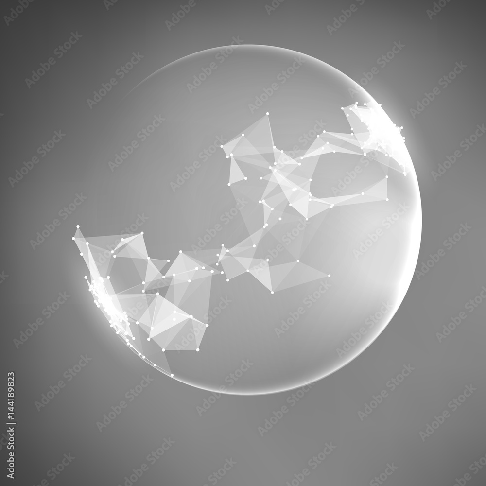 Abstract vector polygonal cyber sphere. Triangle spherical mesh background. Futuristic 3D ...