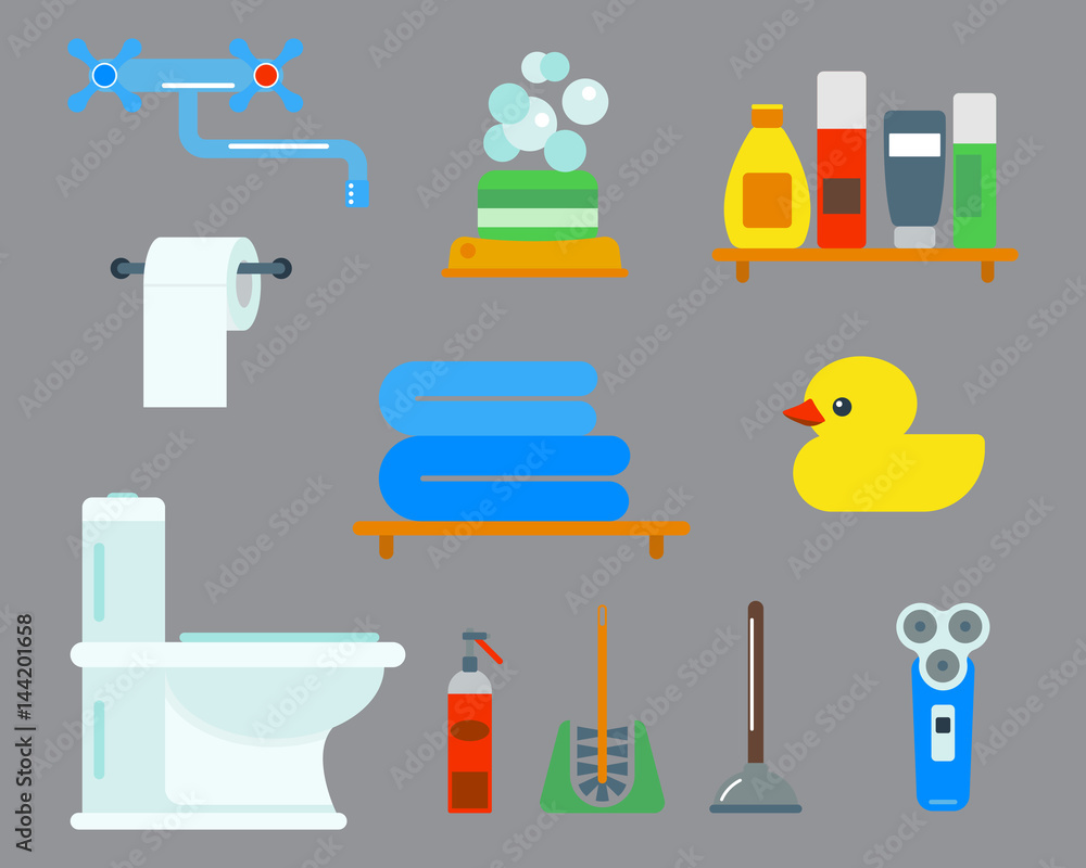Bath equipment icons shower flat style colorful clip art illustration ...