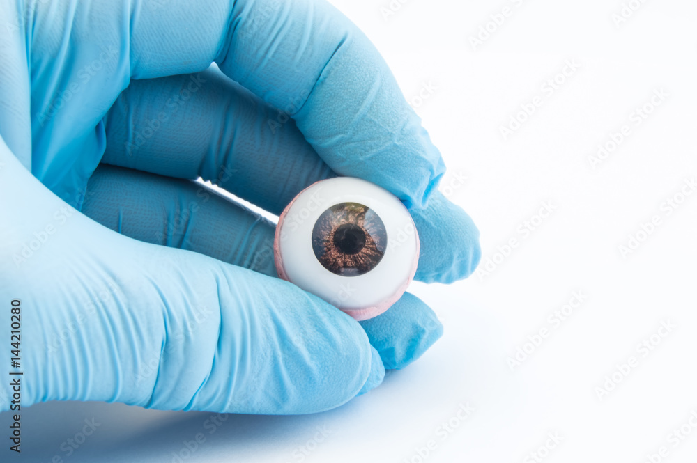 Ophthalmologist or surgeon holds in hand dressed in a blue glove eye ...