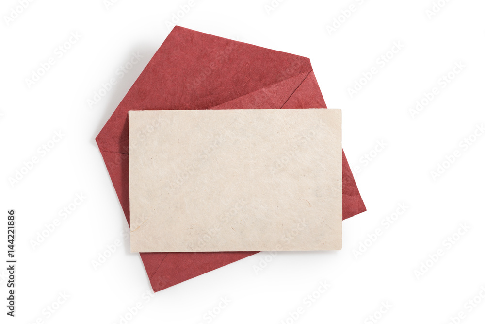 Red envelope made from natural fiber paper isolated on white background. Clipping path included ...