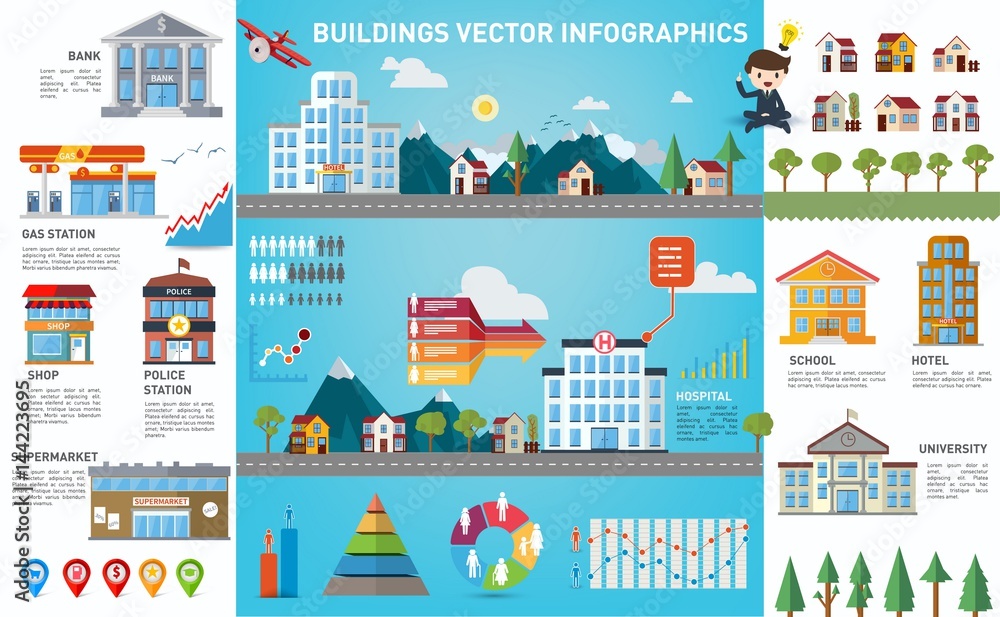 Urban buildings collection infographics template with charts and ...