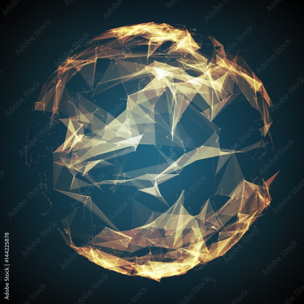 Abstract vector polygonal cyber sphere. Triangle spherical mesh background. Futuristic 3D ...
