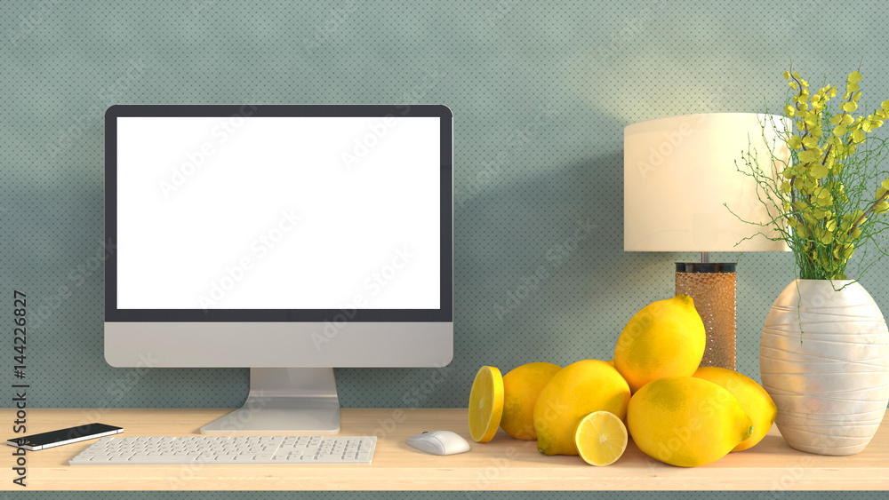 computer with white screen on office table. 3D illustration Stock ...