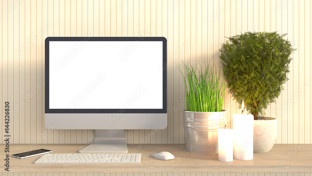 computer with white screen on office table. 3D illustration Stock ...