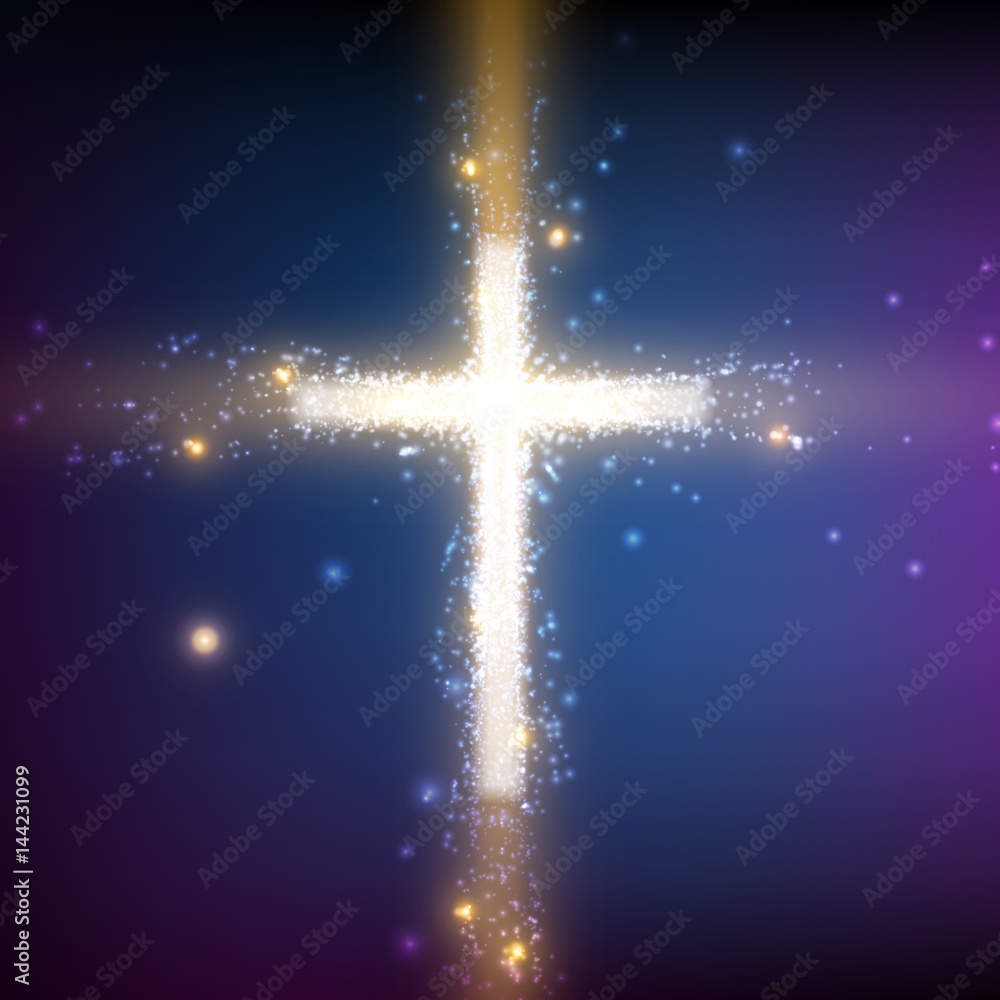 Shining cross on colorful background with backlight and glowing ...