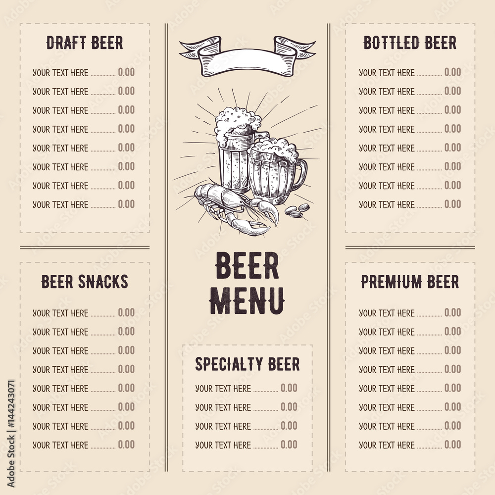 Beer restaurant brochure vector, alcohol menu design. Vector bar ...