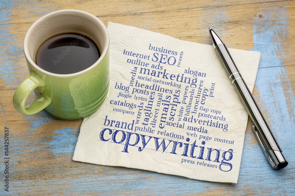 copywriting word cloud on napkin Stock Photo | Adobe Stock