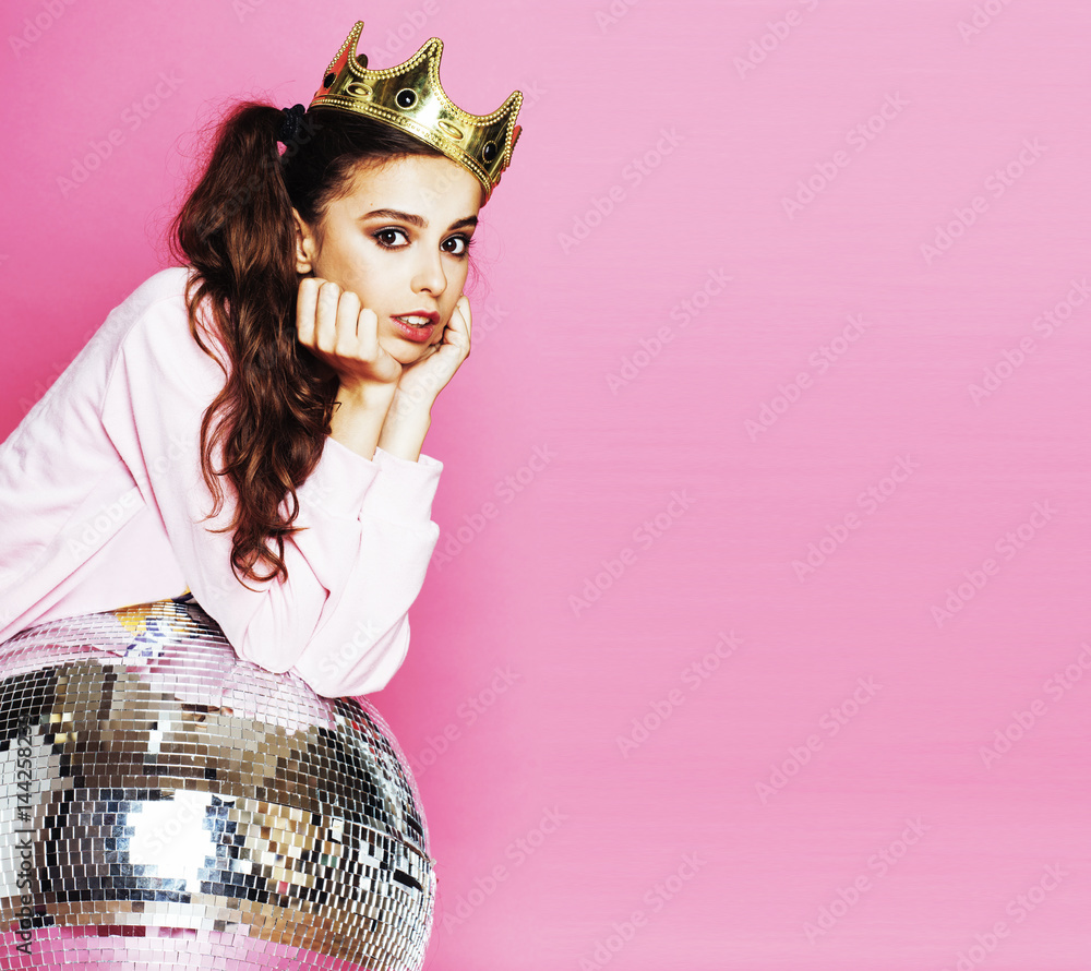 young cute disco girl on pink background with disco ball and cro Stock ...