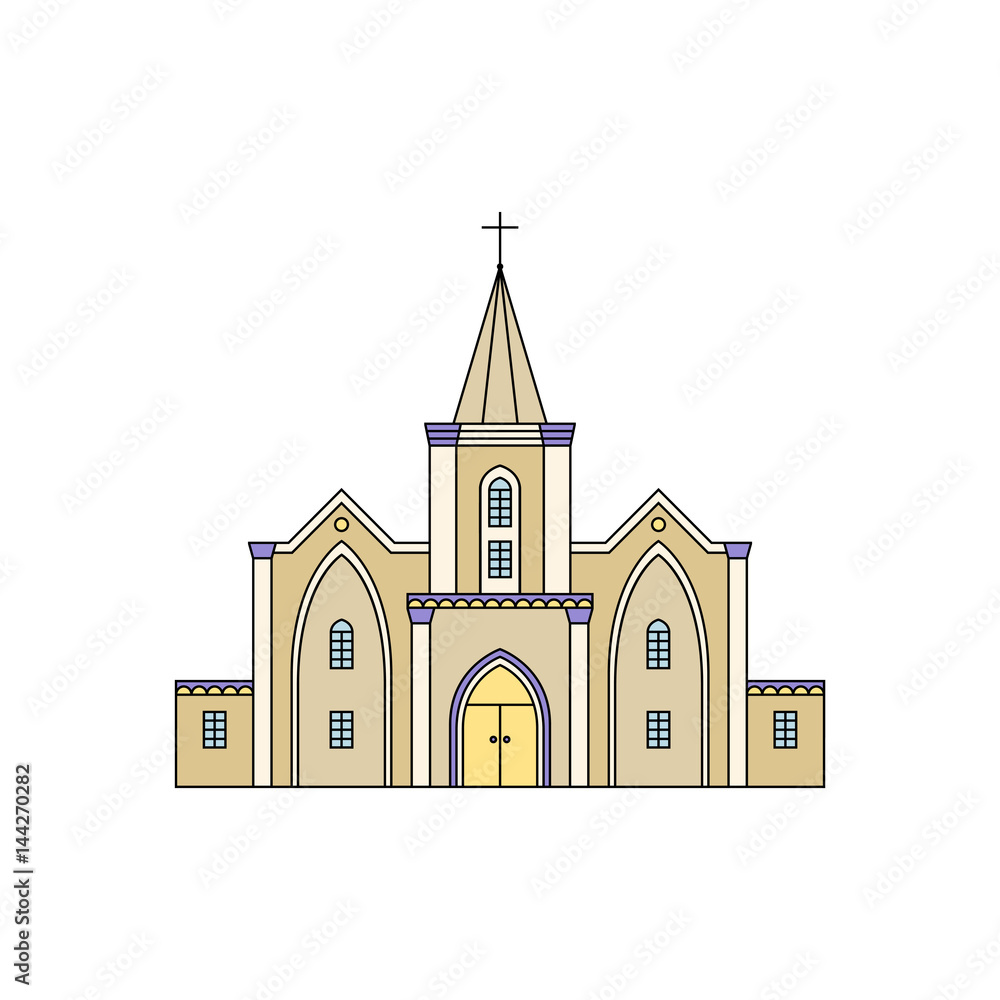 Vector illustration of building facade. Church viewed from front ...