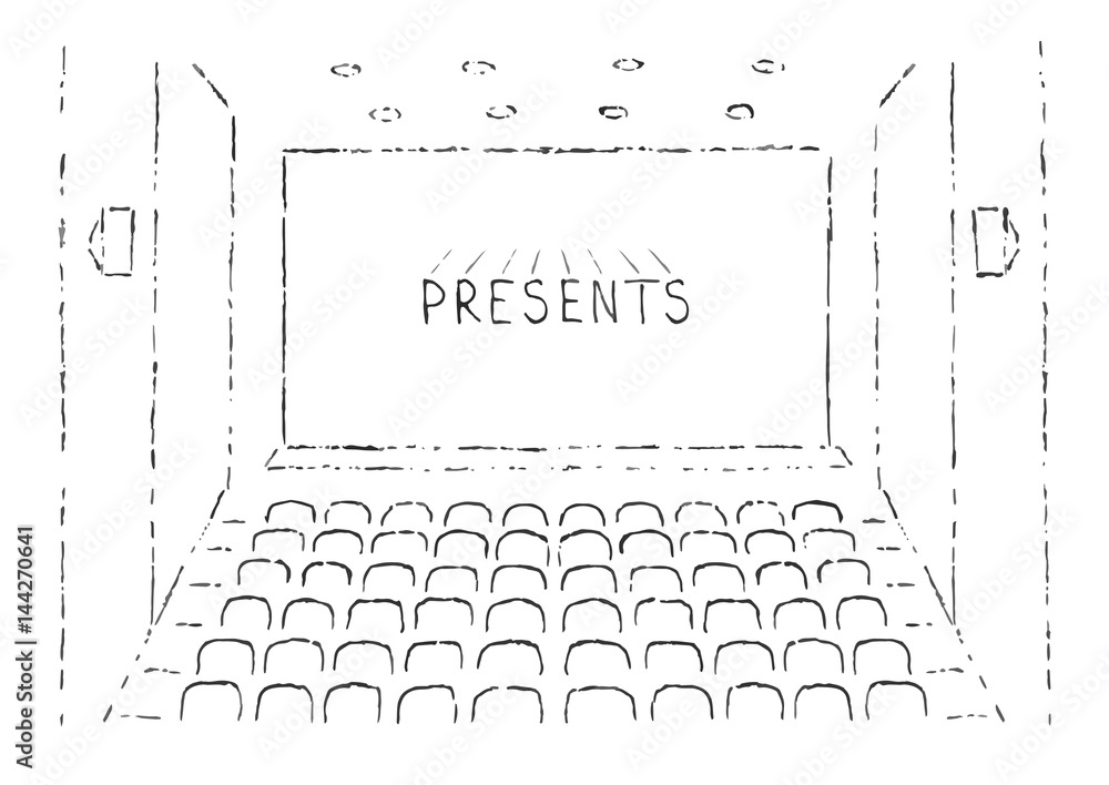 Vector hand drawn cinema hall on white. Sketch illustration. Stock ...