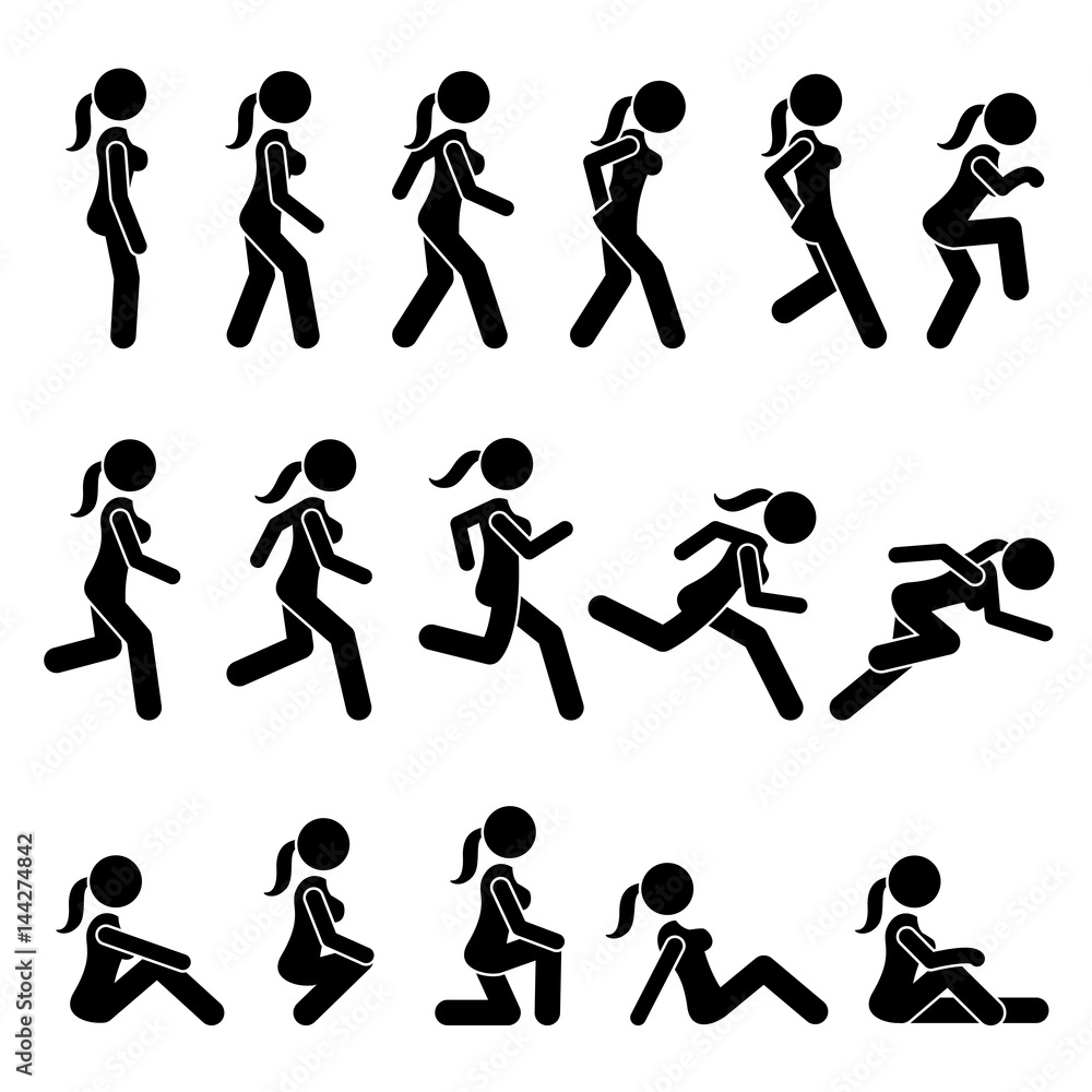 Basic Woman Walk and Run Actions and Movements. Artworks depict a ...