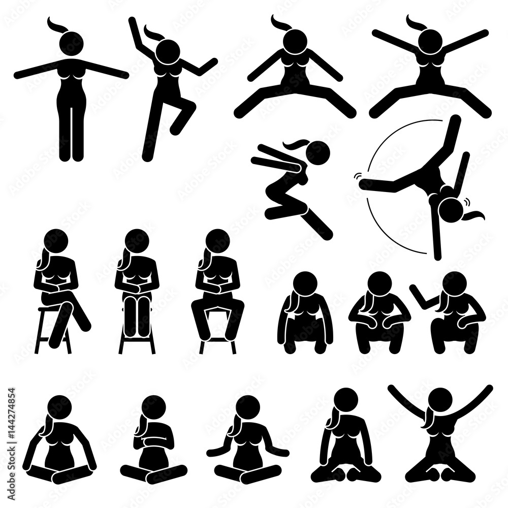 Basic Woman Jump and Sit Actions and Positions. Artworks depict a ...