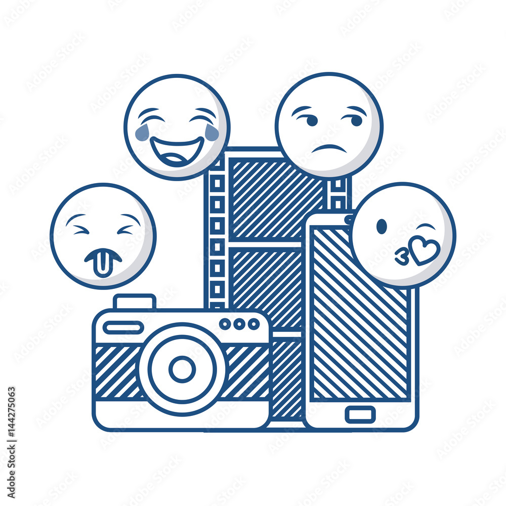 camera and smartphone with cartoon faces over white background. vector ...