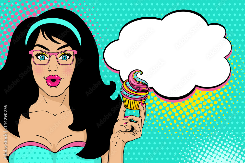 Wow Pop Art Female Face Sexy Surprised Girl In Glasses With Long Black